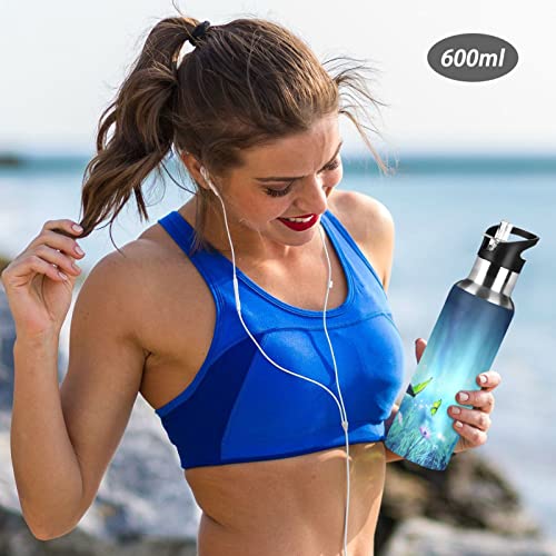 Kigai Beautiful Butterfly and Flower Water Bottle, Outdoor Sports Bottle With Wide Mouth Straw Lid, Stainless Steel Double Wall Vacuum Insulated Flask for School Gym 34 oz