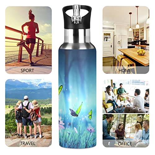 Kigai Beautiful Butterfly and Flower Water Bottle, Outdoor Sports Bottle With Wide Mouth Straw Lid, Stainless Steel Double Wall Vacuum Insulated Flask for School Gym 34 oz