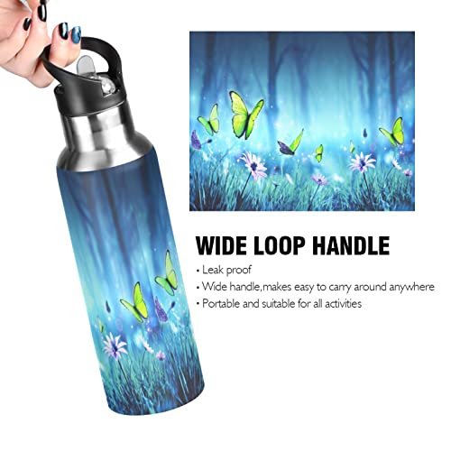 Kigai Beautiful Butterfly and Flower Water Bottle, Outdoor Sports Bottle With Wide Mouth Straw Lid, Stainless Steel Double Wall Vacuum Insulated Flask for School Gym 34 oz