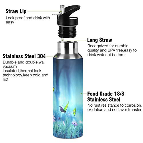 Kigai Beautiful Butterfly and Flower Water Bottle, Outdoor Sports Bottle With Wide Mouth Straw Lid, Stainless Steel Double Wall Vacuum Insulated Flask for School Gym 34 oz