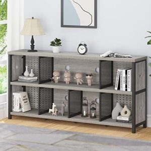 lvb industrial 4 5 6 7 8 cube bookcase, rustic wood metal horizontal bookshelf, modern wide cube organizer storage shelf, large long low book shelf for office bedroom living room, light grey oak 63 in