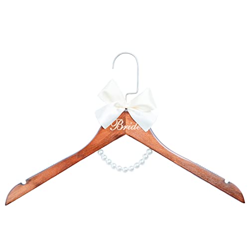 Kemozaka Bride to Be Wedding Dress Hanger, Bridal Hanger, Wedding Gift, Brown Wooden Hanger with Pearls and Bow for Brides Gowns, Bridal Party Shower Gift. Mrs Hanger