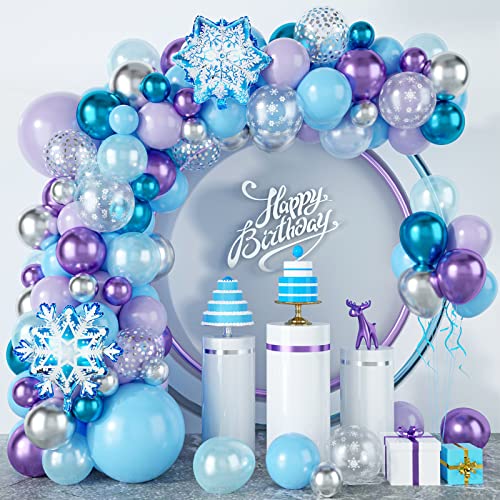 Snowflake Balloon Garland Arch Kit 94Pcs Frozen Birthday Party Decorations Metallic Blue Purple Silver Snowflake Foil Balloon for Winter Wonderland, Christmas, Holiday, Baby Shower, Snow Princess Girl