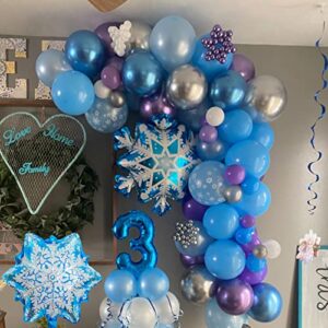 Snowflake Balloon Garland Arch Kit 94Pcs Frozen Birthday Party Decorations Metallic Blue Purple Silver Snowflake Foil Balloon for Winter Wonderland, Christmas, Holiday, Baby Shower, Snow Princess Girl