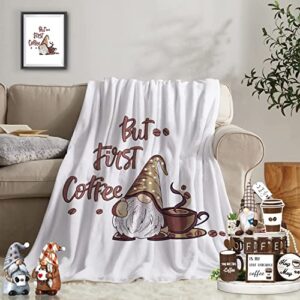 ivarunner coffee gnome throw blanket, but first coffee blankets for coffee lovers, gnome gifts for birthday/kids/adults friends, spring gnome decor couch sofa bed travel blankets, 50x60 inch