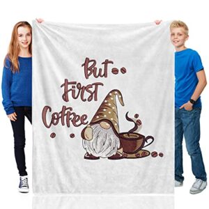 Ivarunner Coffee Gnome Throw Blanket, But First Coffee Blankets for Coffee Lovers, Gnome Gifts for Birthday/Kids/Adults Friends, Spring Gnome Decor Couch Sofa Bed Travel Blankets, 50x60 Inch