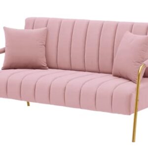 Yoluckea Modern Velvet Loveseat Sofa 60" Upholstered Small Sofa Couch with 2 Pillows & Gold Metal Legs Contemporary Living Room 2-Seat Sofa Love Seat for Dorm Apartment Small Space -Pink