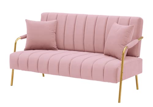 Yoluckea Modern Velvet Loveseat Sofa 60" Upholstered Small Sofa Couch with 2 Pillows & Gold Metal Legs Contemporary Living Room 2-Seat Sofa Love Seat for Dorm Apartment Small Space -Pink