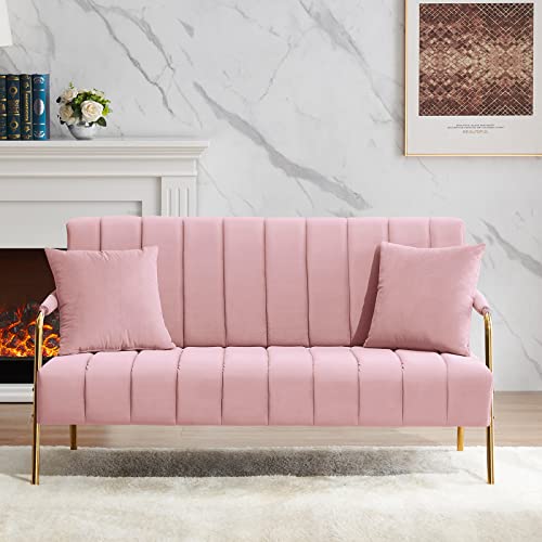 Yoluckea Modern Velvet Loveseat Sofa 60" Upholstered Small Sofa Couch with 2 Pillows & Gold Metal Legs Contemporary Living Room 2-Seat Sofa Love Seat for Dorm Apartment Small Space -Pink