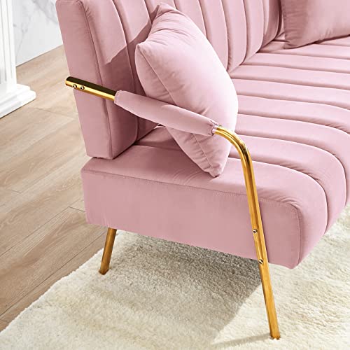 Yoluckea Modern Velvet Loveseat Sofa 60" Upholstered Small Sofa Couch with 2 Pillows & Gold Metal Legs Contemporary Living Room 2-Seat Sofa Love Seat for Dorm Apartment Small Space -Pink