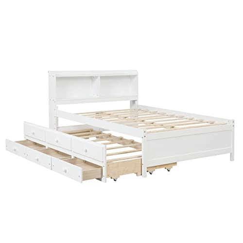 Bellemave Full Bed with Trundle & Storage Drawers Wood Captain's Bed Frame with Bookcase Headboard & Slat Support for Kids Boys Girls Teens, Full Size, White