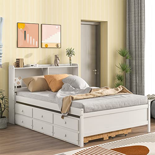 Bellemave Full Bed with Trundle & Storage Drawers Wood Captain's Bed Frame with Bookcase Headboard & Slat Support for Kids Boys Girls Teens, Full Size, White