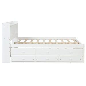 Bellemave Full Bed with Trundle & Storage Drawers Wood Captain's Bed Frame with Bookcase Headboard & Slat Support for Kids Boys Girls Teens, Full Size, White