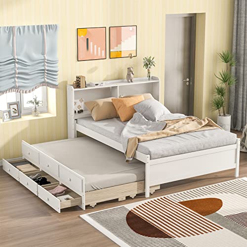 Bellemave Full Bed with Trundle & Storage Drawers Wood Captain's Bed Frame with Bookcase Headboard & Slat Support for Kids Boys Girls Teens, Full Size, White