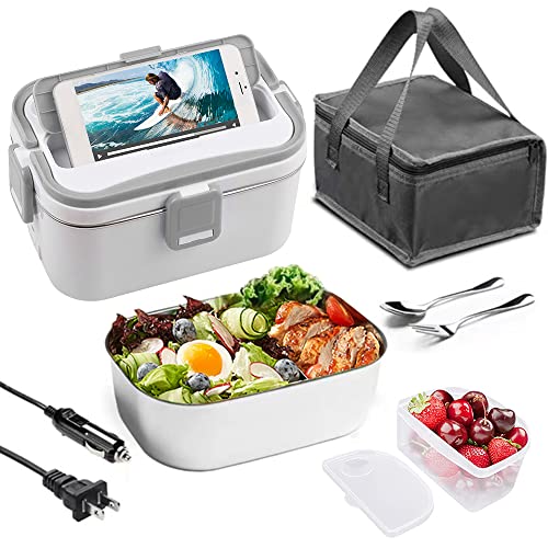 Ailgely Electric Lunch Box Food Heater,2 in 1 Food Warmer Heated Lunch Box,1.8L Removable Stainless Steel Container,110V 12V-24V 60W,Leak-proof,with Bag, Spoon, Fork for Car Truck Home