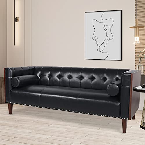 Couches for Living Room Faux Leather Black Sofa Mid Century Modern Couch Tufted 3 Seater Sofa 77.5'' Clean Lines Wooden Decorated Square Arm Sofa with Two Bolster Rolled Accent Pillows (BLACK)