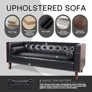 Couches for Living Room Faux Leather Black Sofa Mid Century Modern Couch Tufted 3 Seater Sofa 77.5'' Clean Lines Wooden Decorated Square Arm Sofa with Two Bolster Rolled Accent Pillows (BLACK)