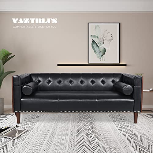 Couches for Living Room Faux Leather Black Sofa Mid Century Modern Couch Tufted 3 Seater Sofa 77.5'' Clean Lines Wooden Decorated Square Arm Sofa with Two Bolster Rolled Accent Pillows (BLACK)