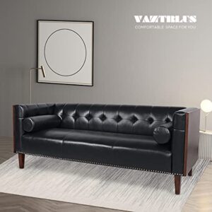 Couches for Living Room Faux Leather Black Sofa Mid Century Modern Couch Tufted 3 Seater Sofa 77.5'' Clean Lines Wooden Decorated Square Arm Sofa with Two Bolster Rolled Accent Pillows (BLACK)