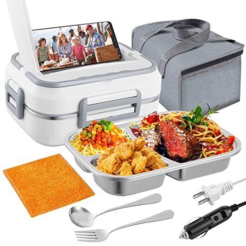 EinNana Electric Lunch Box Food Warmer for Office、Car Truck Hot Meals Boxes Heater. 60W/12/24/110V. 1.5L 3 in1 Portable Food Heating Lunch Boxes with Spoon & Fork and Thermal Bag(White)