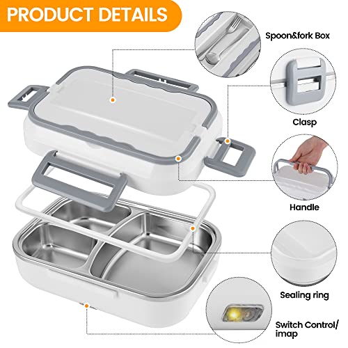 EinNana Electric Lunch Box Food Warmer for Office、Car Truck Hot Meals Boxes Heater. 60W/12/24/110V. 1.5L 3 in1 Portable Food Heating Lunch Boxes with Spoon & Fork and Thermal Bag(White)