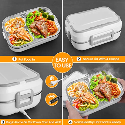 EinNana Electric Lunch Box Food Warmer for Office、Car Truck Hot Meals Boxes Heater. 60W/12/24/110V. 1.5L 3 in1 Portable Food Heating Lunch Boxes with Spoon & Fork and Thermal Bag(White)