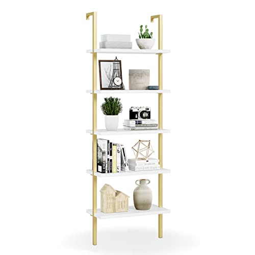 NUMENN 5 Tier Book Shelf, Industrial Ladder Shelf, Open Space Wall Mount Bookshelf with Metal Frame, Sturdy Book Shelves, Bookcase for Living Room, Home Office Shelf, White and Gold