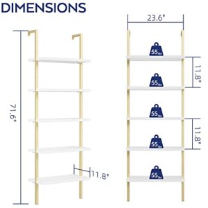 NUMENN 5 Tier Book Shelf, Industrial Ladder Shelf, Open Space Wall Mount Bookshelf with Metal Frame, Sturdy Book Shelves, Bookcase for Living Room, Home Office Shelf, White and Gold