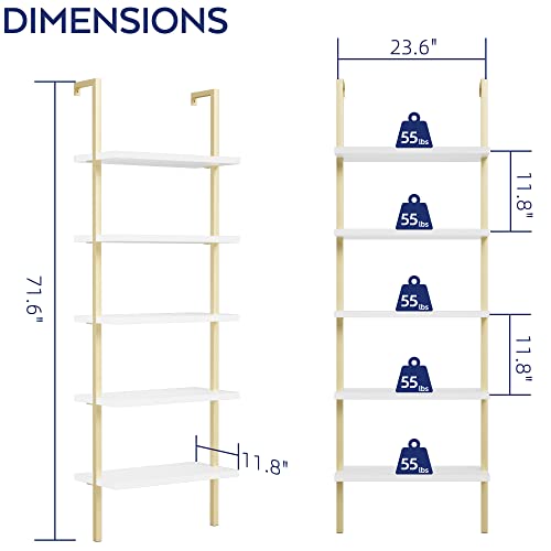 NUMENN 5 Tier Book Shelf, Industrial Ladder Shelf, Open Space Wall Mount Bookshelf with Metal Frame, Sturdy Book Shelves, Bookcase for Living Room, Home Office Shelf, White and Gold