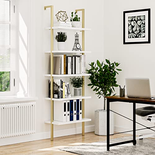 NUMENN 5 Tier Book Shelf, Industrial Ladder Shelf, Open Space Wall Mount Bookshelf with Metal Frame, Sturdy Book Shelves, Bookcase for Living Room, Home Office Shelf, White and Gold