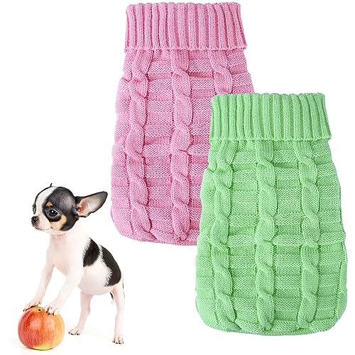 Set of 2 Dog Sweater for Small Dogs, Winter Turtleneck Knitted Chihuahua Sweater, Girl Clothes, Red Cute Pet Knitwear Sweaters Soft Puppy Cold Weather Outfits Doggie Cat Clothing (Medium), Pink+Green