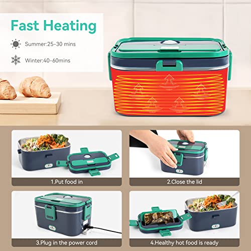 VMOTOR Electric Lunch Box,60W High-power Food Heater,12V/24V/110V 3 in 1 Portable microwave for Car/Truck/Home/Work with 1.8L Removable 304 Stainless Steel Container (Royal blue+Green)