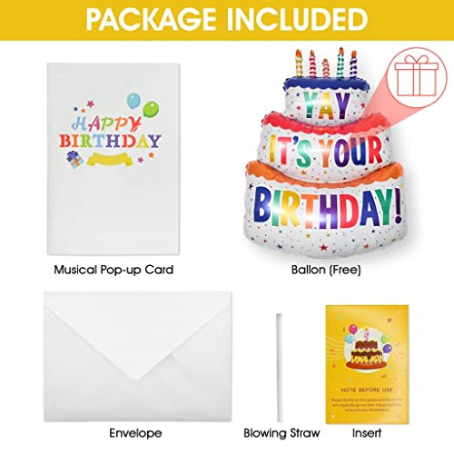 Birthday Card, Pop Up Birthday Cards with Music and Lights - Set of 3D Birthday Card and Birthday Balloon - Blow Candle and Plays "Happy Birthday" Song - 3D Pop Up Birthday Card for Kids Woman and Men - The Perfect Birthday Card with Envelope - Fun and Su