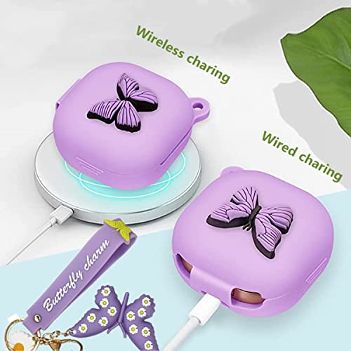 for Samsung Galaxy Buds2 Pro Case/Galaxy Buds2 Case/Galaxy Buds Pro Case/Galaxy Buds Live Case Cute Butterfly Silicone Earbuds Protective Case Cover with Keychain for Women Girl (Purple)