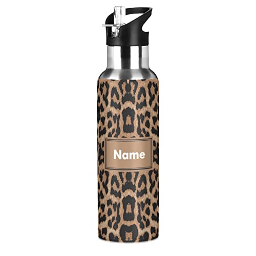 Custom Name Water Bottle Handle Straw Lid Vacuum Insulated Stainless Steel Thermos Water Bottle Cheeteh Leopard Print Leak Proof Sports Coffee Maker Cup