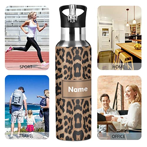 Custom Name Water Bottle Handle Straw Lid Vacuum Insulated Stainless Steel Thermos Water Bottle Cheeteh Leopard Print Leak Proof Sports Coffee Maker Cup