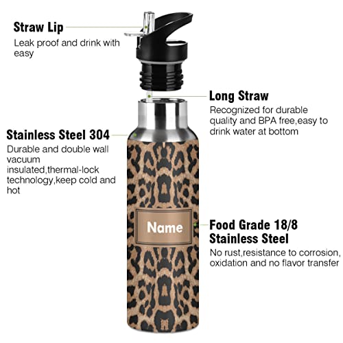 Custom Name Water Bottle Handle Straw Lid Vacuum Insulated Stainless Steel Thermos Water Bottle Cheeteh Leopard Print Leak Proof Sports Coffee Maker Cup