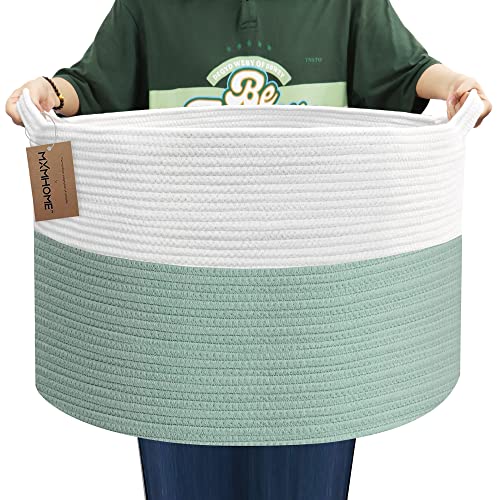 MXMHOME Large Woven Rope Basket With Handles Basket for Blankets for Living Room Large Baby Cat Dog Toy Storage Basket Wicker Woven Big Round Laundry Basket Hamper (23.6”x14.1”), XXXL, Green