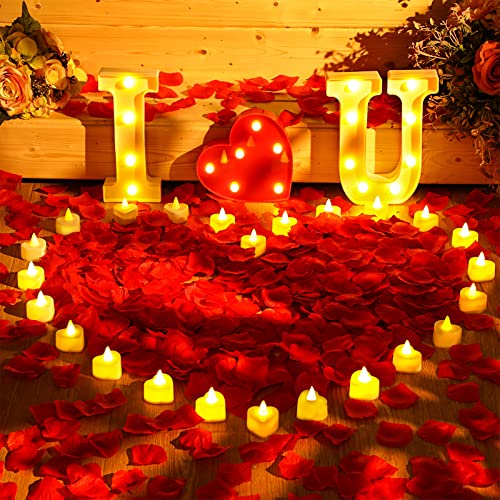 I Love You Light up Letters Sign Romantic Decorations Special Night Rose Petals Proposal Decorations LED Heart Night Lights 24 LED Love Candles Romantic Night Light for Proposal Engagement Wedding