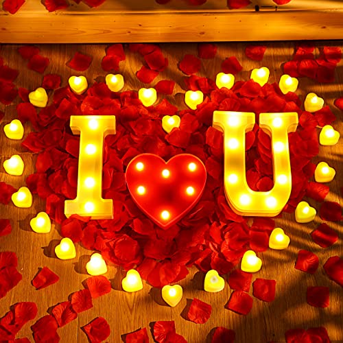 I Love You Light up Letters Sign Romantic Decorations Special Night Rose Petals Proposal Decorations LED Heart Night Lights 24 LED Love Candles Romantic Night Light for Proposal Engagement Wedding