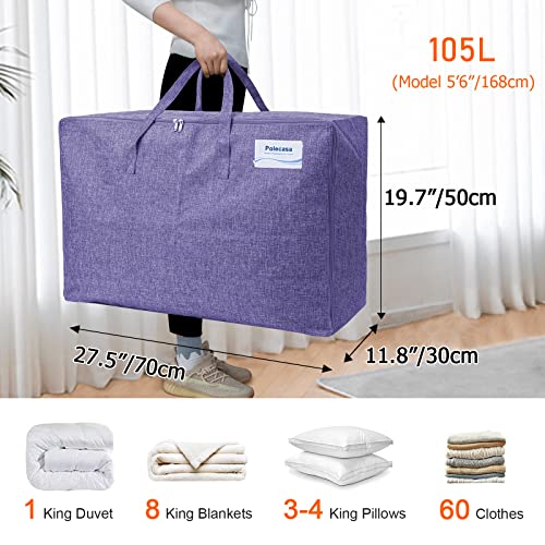 Polecasa 105L 2 Pack Extra Large Storage Bags with Strong Handles & Zippers & Lining, Heavy Duty Moving Bag, Waterproof Closet, Underbed Organizer for Bedding, Blanket, Pillow, No Smell, Purple