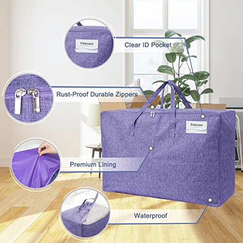 Polecasa 105L 2 Pack Extra Large Storage Bags with Strong Handles & Zippers & Lining, Heavy Duty Moving Bag, Waterproof Closet, Underbed Organizer for Bedding, Blanket, Pillow, No Smell, Purple