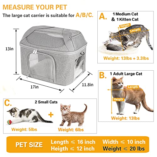 Bejibear Large Cat Carrier for 2 Cats, Oeko-TEX Certified Soft Side Pet Carrier for Cat, Small Dog, Collapsible Travel Small Carrier, TSA Airline Approved Carrier for Large Cats 20 lbs-Gray