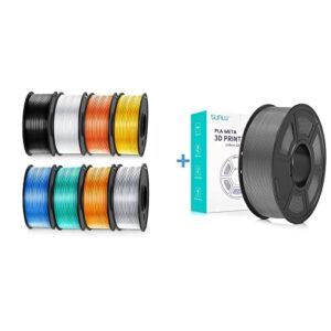 sunlu 250g pla silk filament 1.75mm bundle and pla meta 3d printer filament grey,dimensional accuracy +/- 0.02 mm, 0.25 kg spool, 8 rolls, black+white+light gold+silver+brass+red