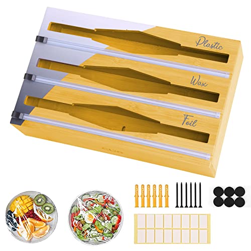 3 in 1 Foil and Plastic Wrap Organizer - Durable Plastic Wrap Dispenser with Cutter - Aluminium Foil Dispenser with Cutter - Saran Wrap Dispenser With Cutter - Tin Foil Organizer for Drawer