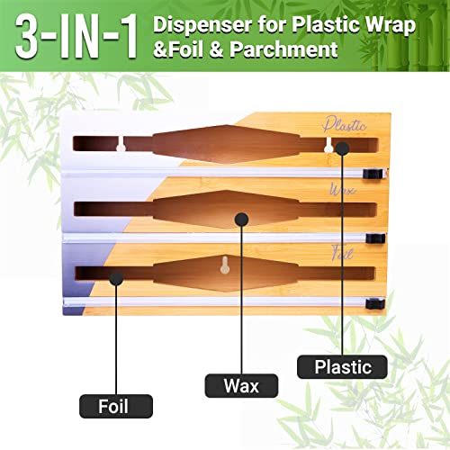 3 in 1 Foil and Plastic Wrap Organizer - Durable Plastic Wrap Dispenser with Cutter - Aluminium Foil Dispenser with Cutter - Saran Wrap Dispenser With Cutter - Tin Foil Organizer for Drawer