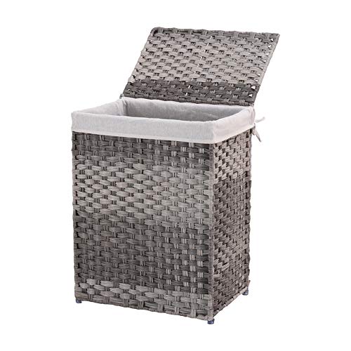 GREENSTELL Laundry Hamper with 2 Removable Liner Bags, Divided Clothes Hamper, 110L Handwoven Synthetic Rattan Laundry Basket with Lid and Handles, Foldable & Easy to Install Gray 22.2x13.3x24 Inches