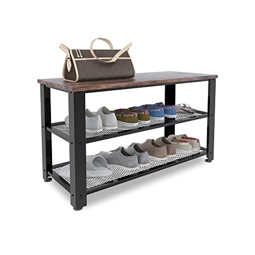 FUSLITE Shoe Bench, 3-Tier Shoe Rack with Mesh Shelves, Shoe Storage Organizer Shoe Rack with Storage Shelves for Entryway, Hallway, Mudroom, Bedroom, Closet