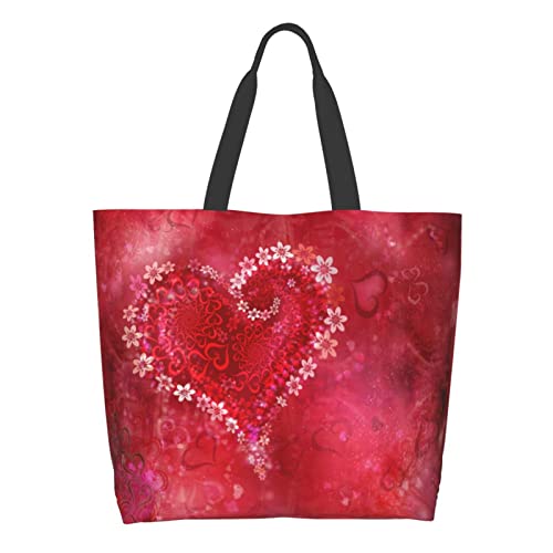 Zelamiee Love Hearts Florals Washable Large Shopping Tote Bag with Handle for Work Shopping Beach Travel