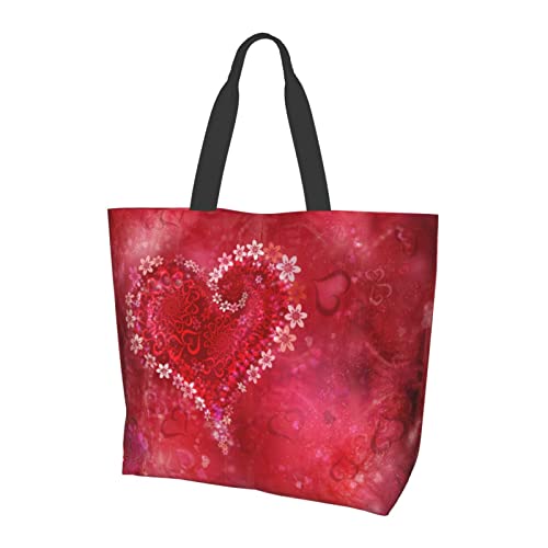 Zelamiee Love Hearts Florals Washable Large Shopping Tote Bag with Handle for Work Shopping Beach Travel